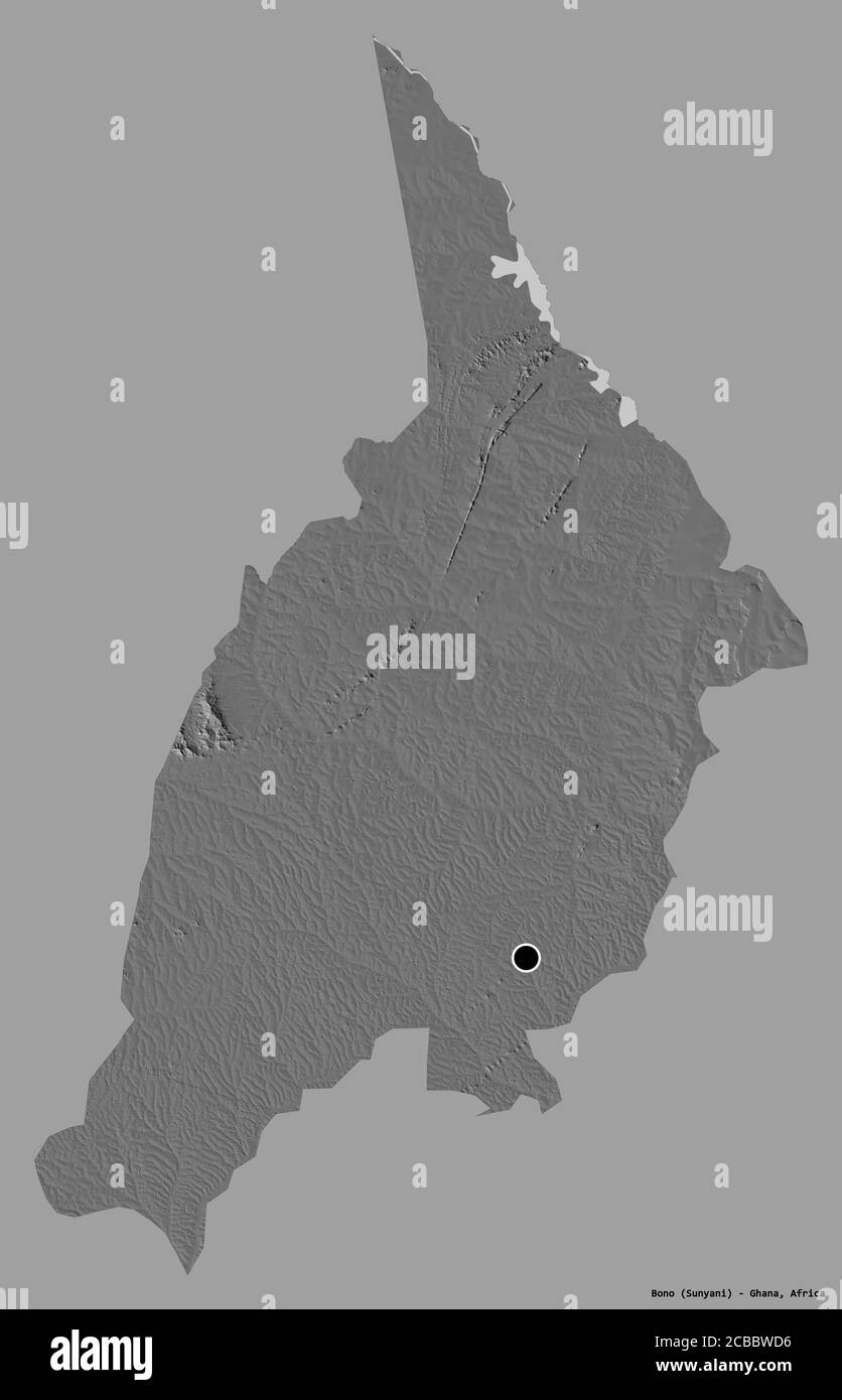 Shape of Bono, region of Ghana, with its capital isolated on a solid ...