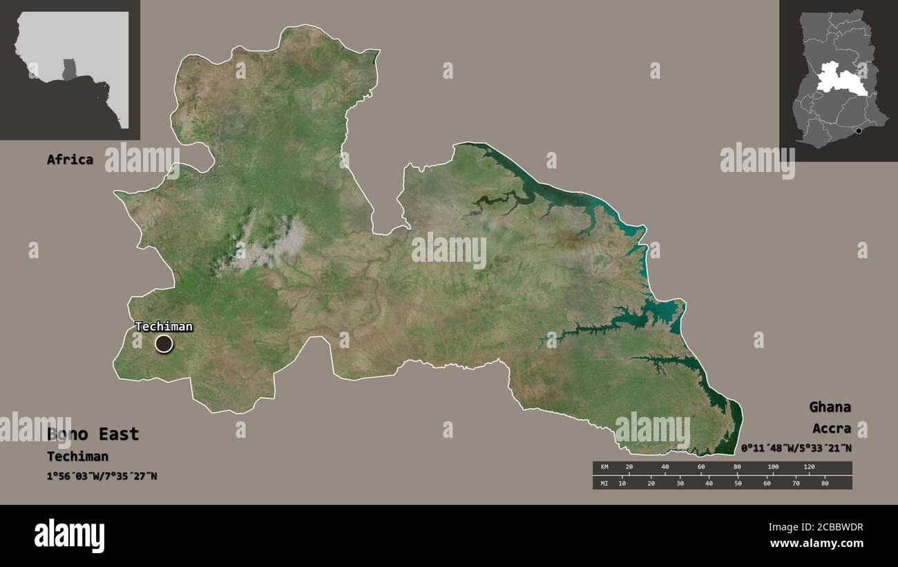 Shape of Bono East, region of Ghana, and its capital. Distance scale ...
