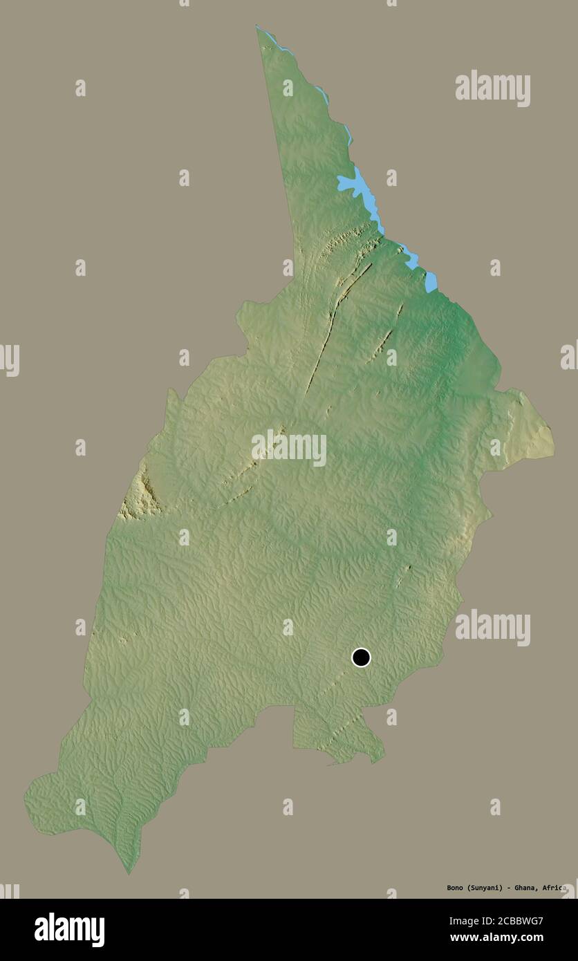 Shape of Bono, region of Ghana, with its capital isolated on a solid ...