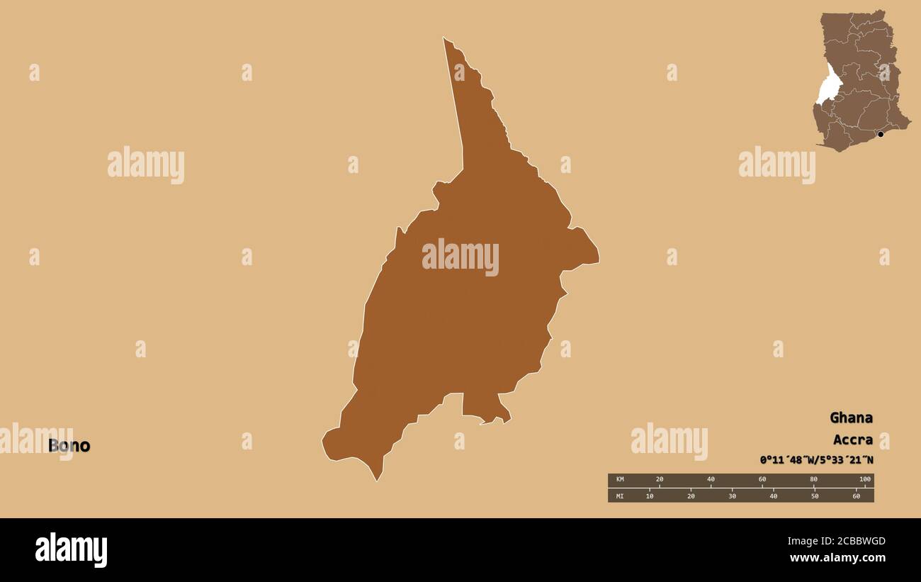 Shape of Bono, region of Ghana, with its capital isolated on solid ...