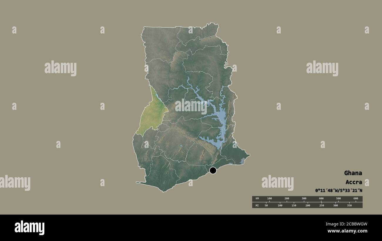 Desaturated shape of Ghana with its capital, main regional division and the separated Bono area ...