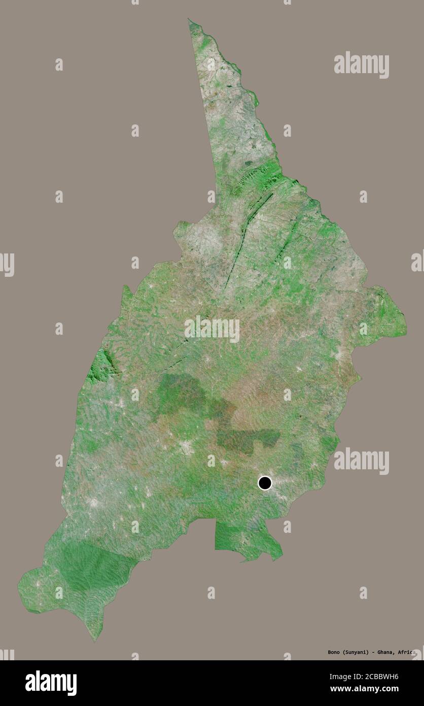 Shape of Bono, region of Ghana, with its capital isolated on a solid ...