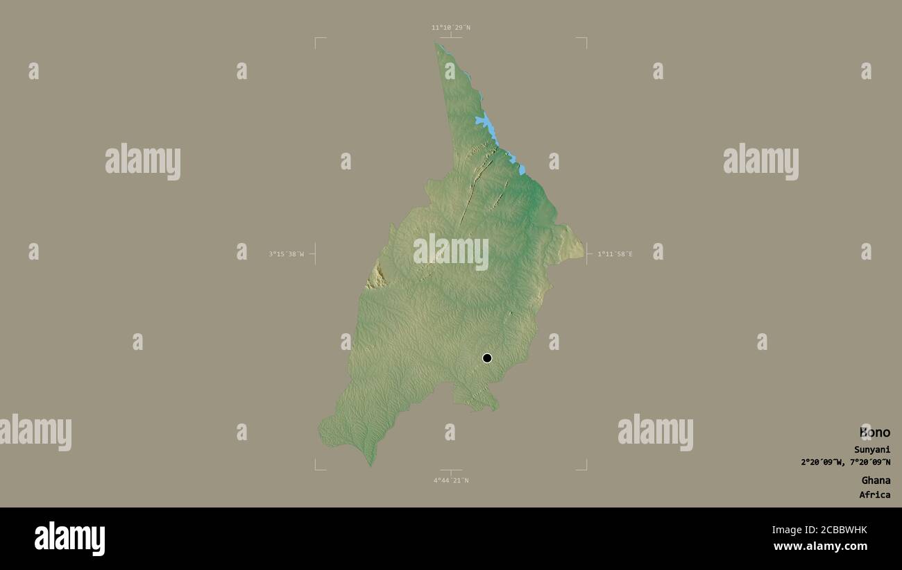 Area of Bono, region of Ghana, isolated on a solid background in a ...