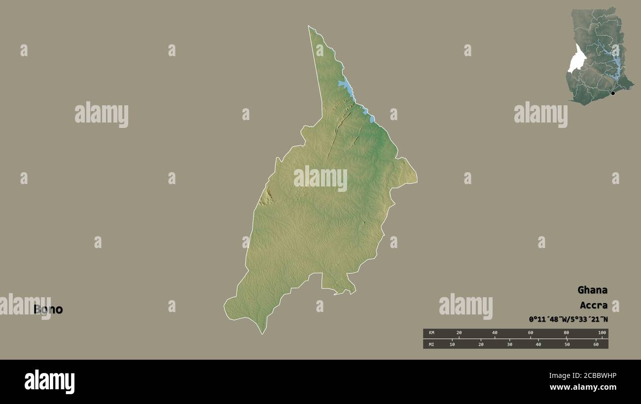Shape of Bono, region of Ghana, with its capital isolated on solid ...