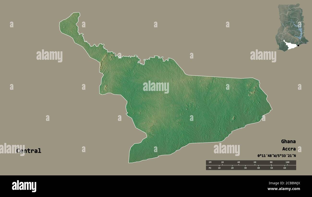 Shape of Central, region of Ghana, with its capital isolated on solid ...