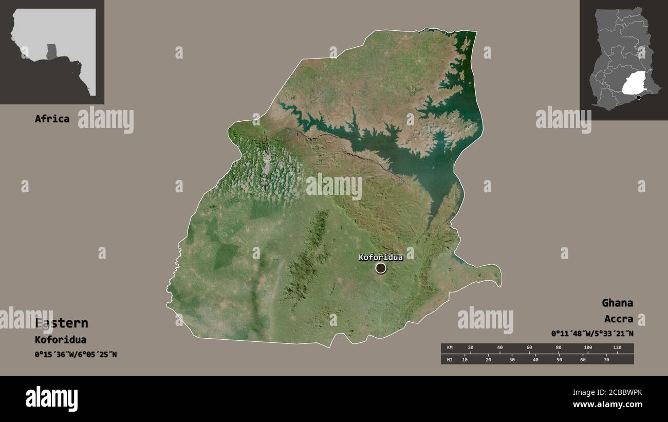 Shape of Eastern, region of Ghana, and its capital. Distance scale ...