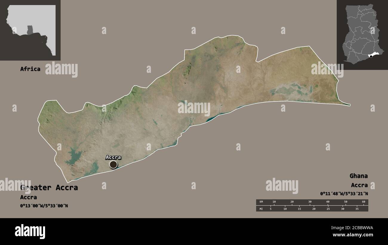 Shape of Greater Accra, region of Ghana, and its capital. Distance ...