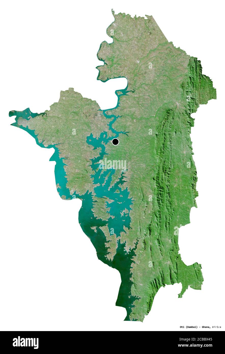 Shape of Oti, region of Ghana, with its capital isolated on white ...