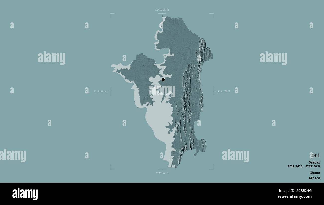 Area of Oti, region of Ghana, isolated on a solid background in a ...