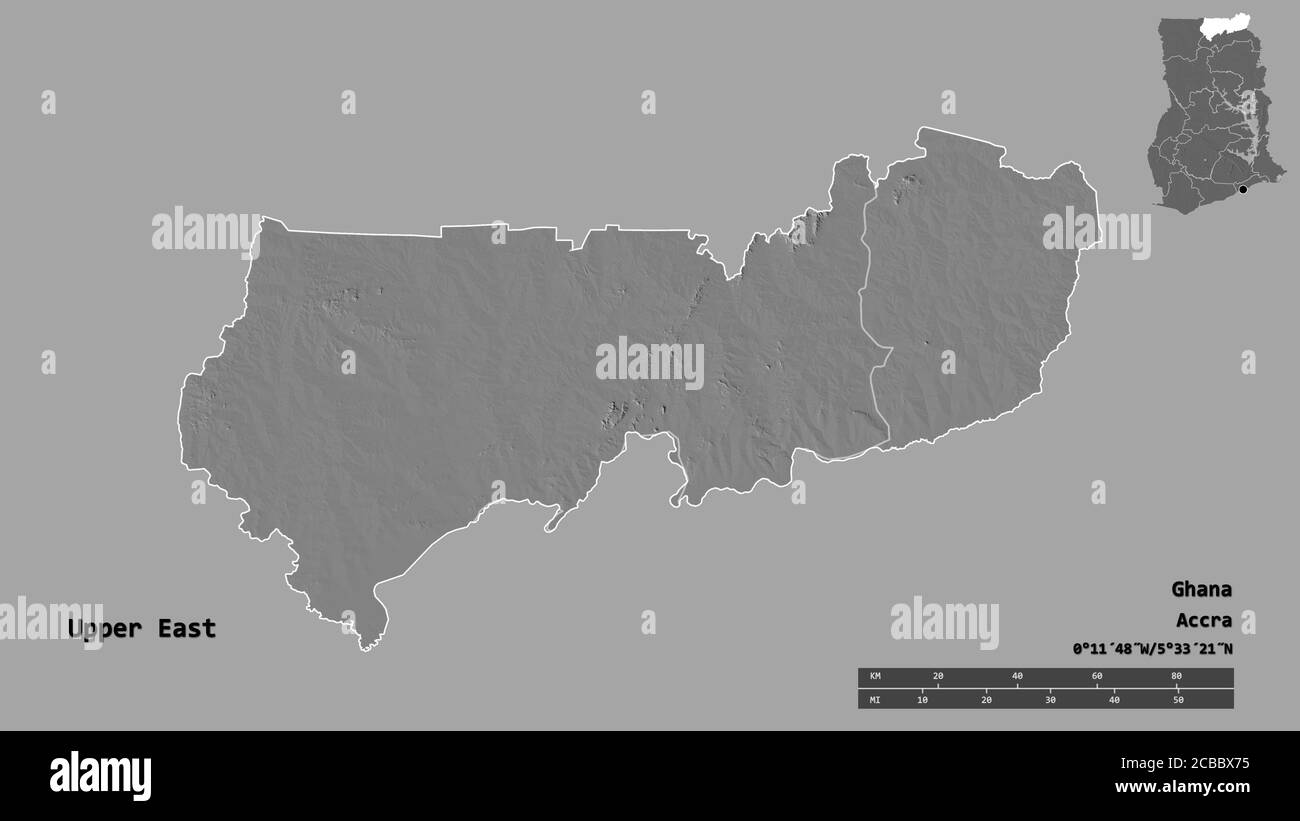 Shape of Upper East, region of Ghana, with its capital isolated on ...