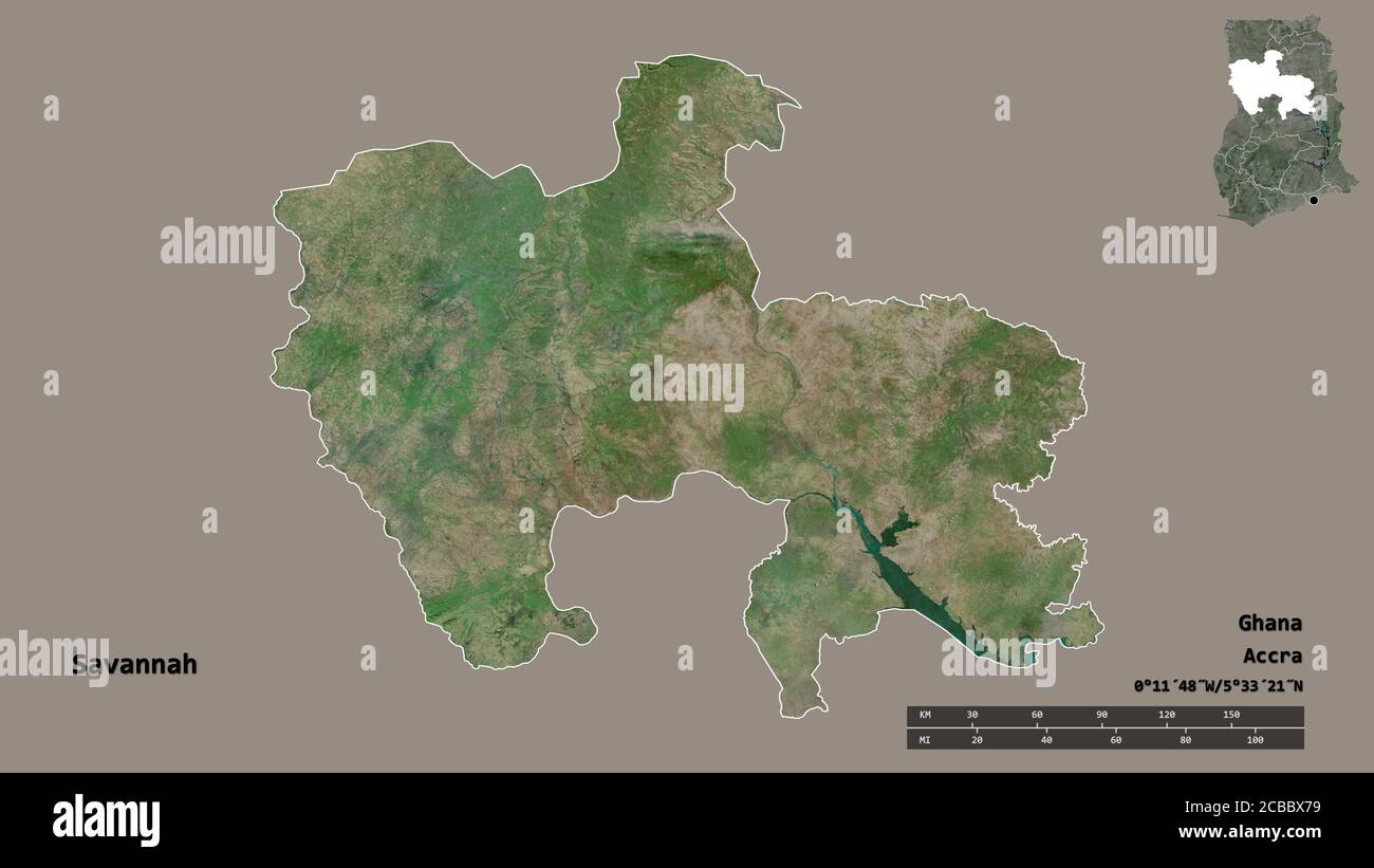 Shape of Savannah, region of Ghana, with its capital isolated on solid ...