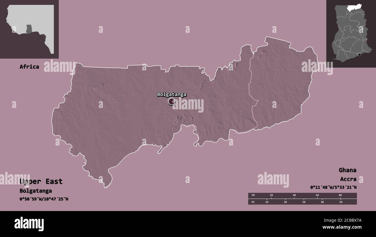 Shape of Upper East, region of Ghana, and its capital. Distance scale ...