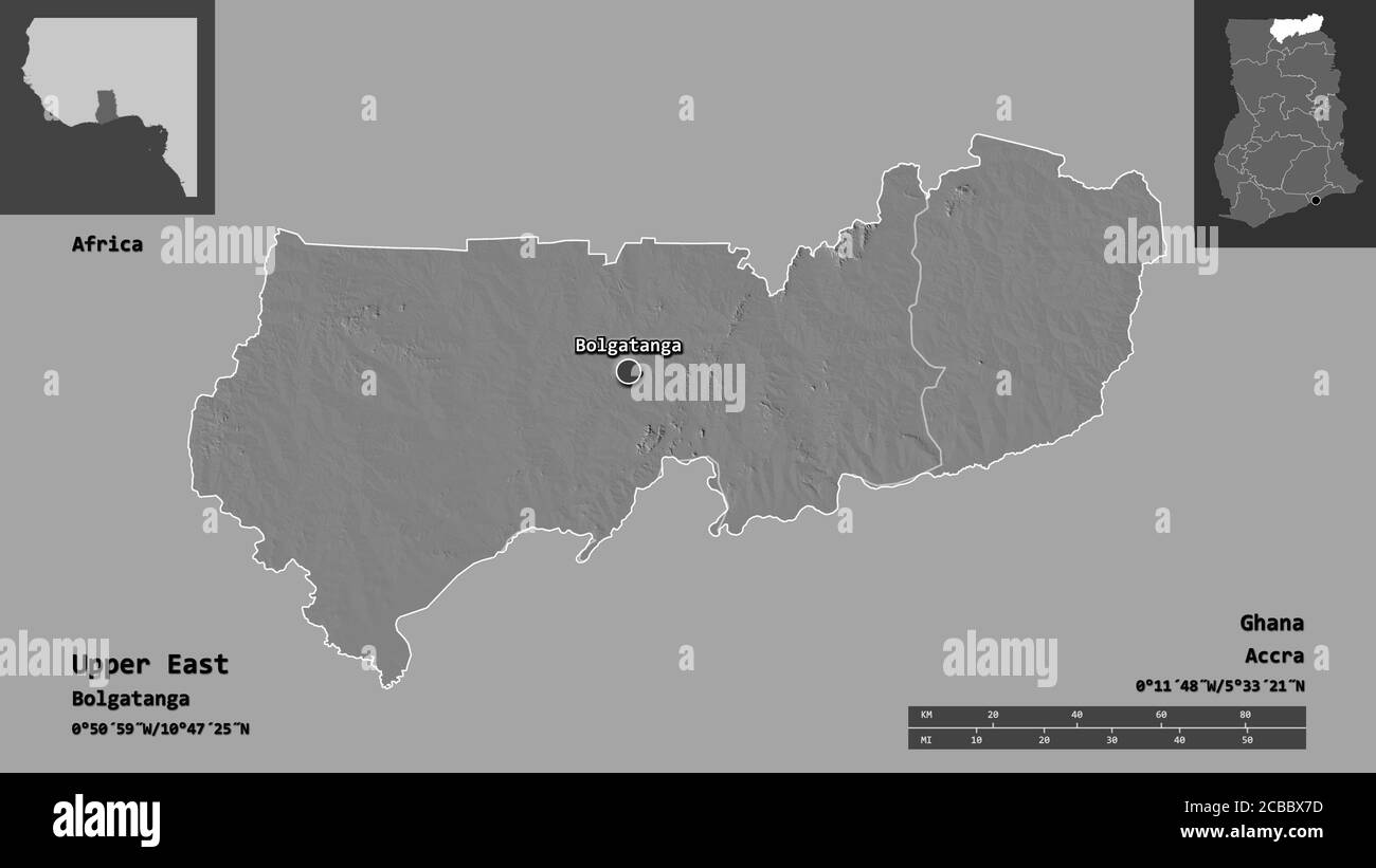 Shape of Upper East, region of Ghana, and its capital. Distance scale ...