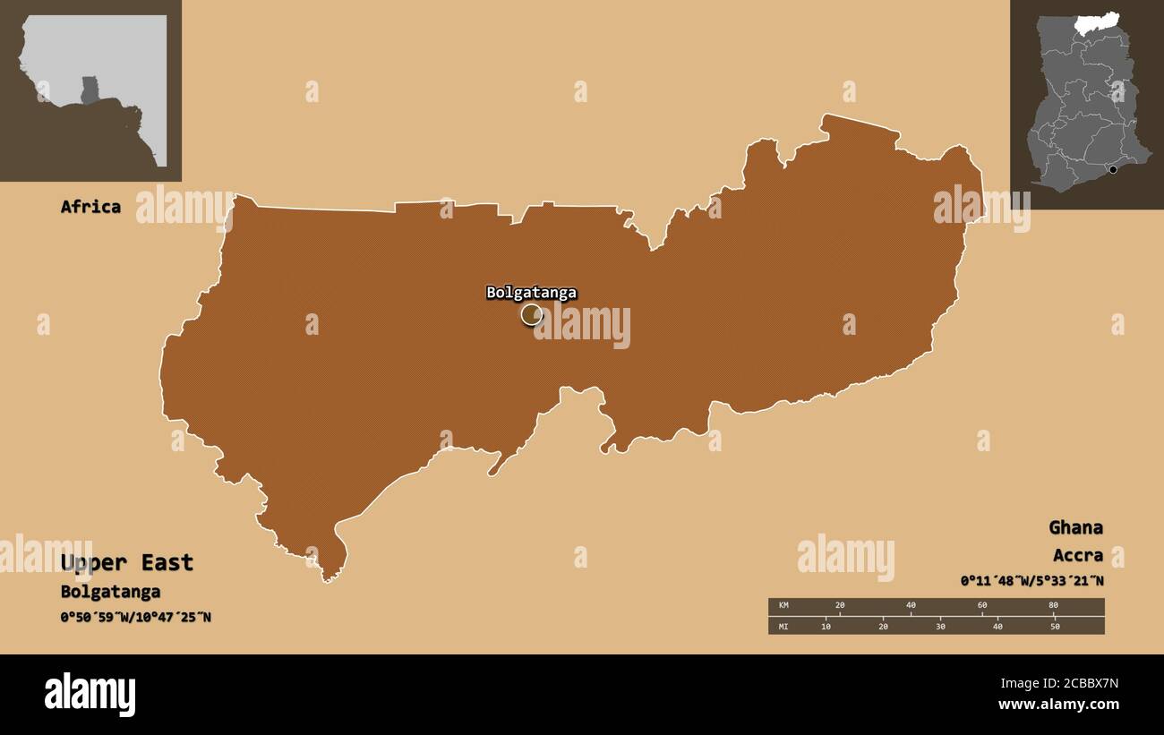 Shape of Upper East, region of Ghana, and its capital. Distance scale ...