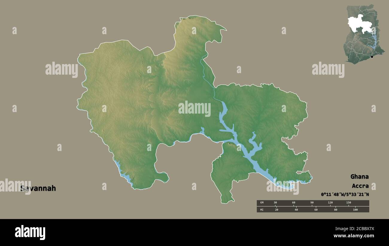 Shape of Savannah, region of Ghana, with its capital isolated on solid ...