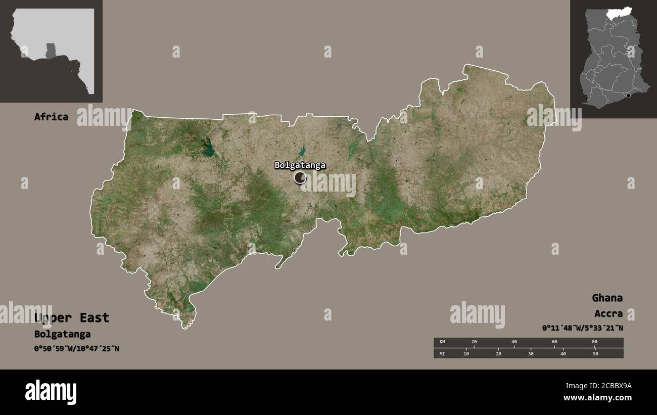 Shape of Upper East, region of Ghana, and its capital. Distance scale ...