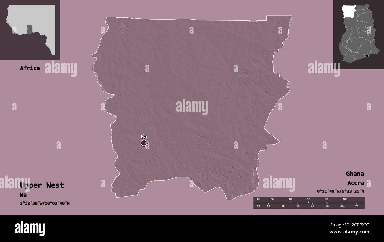 Shape of Upper West, region of Ghana, and its capital. Distance scale ...