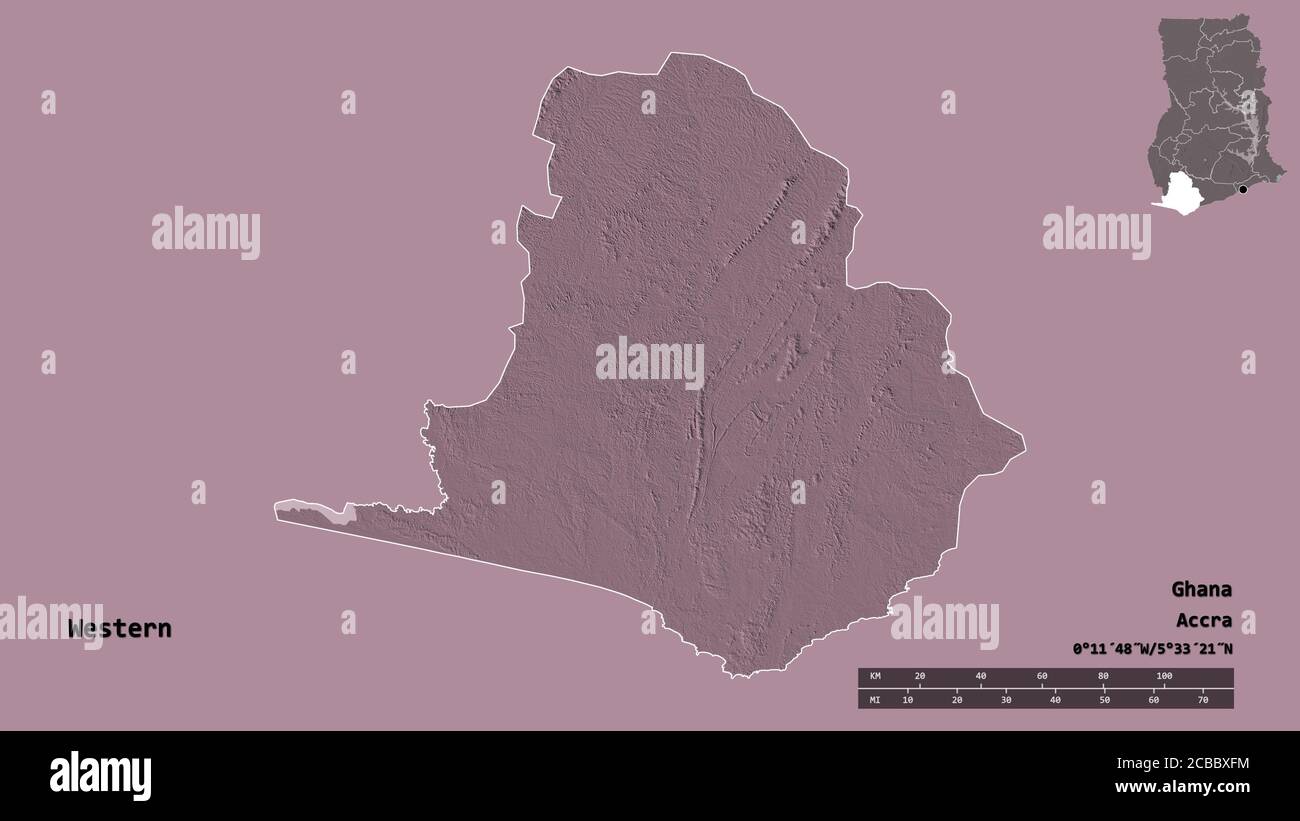 Shape of Western, region of Ghana, with its capital isolated on solid ...