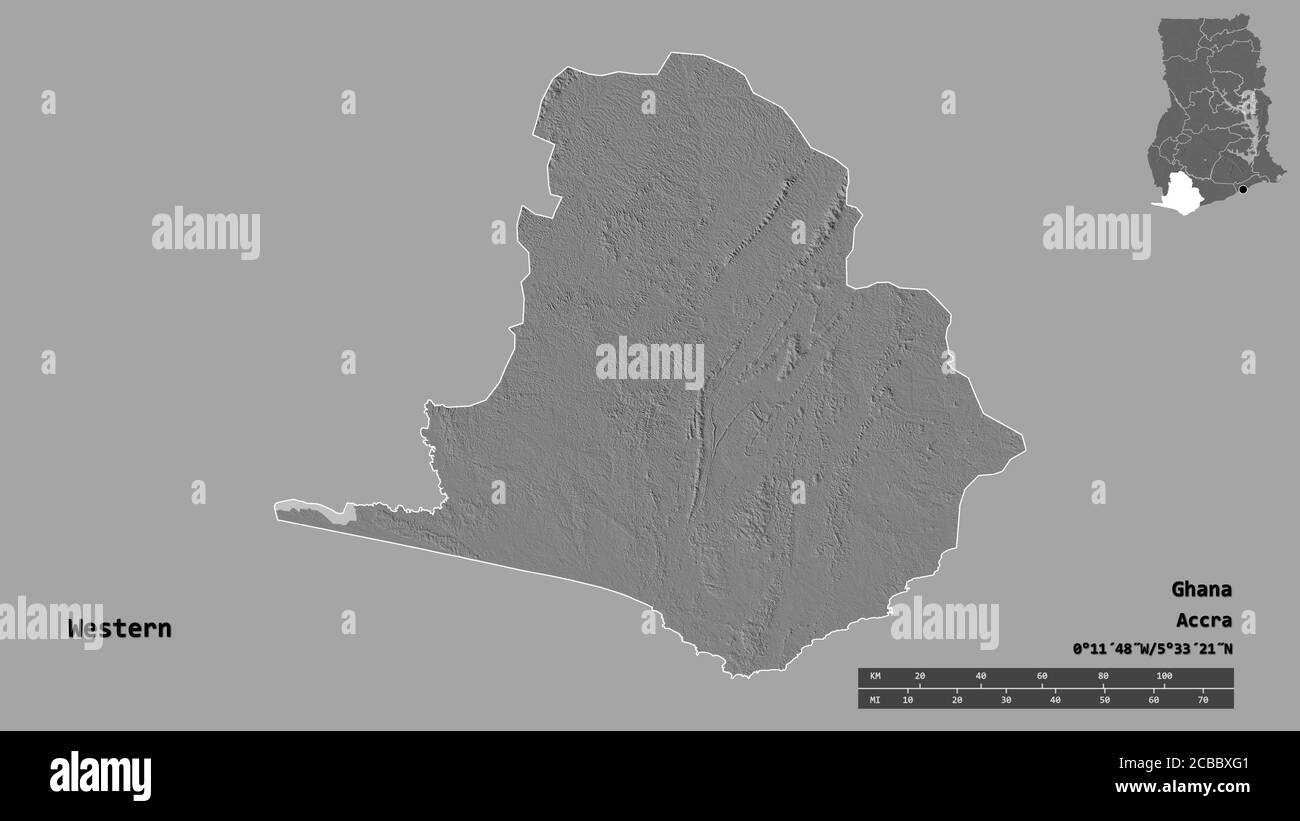 Shape of Western, region of Ghana, with its capital isolated on solid ...