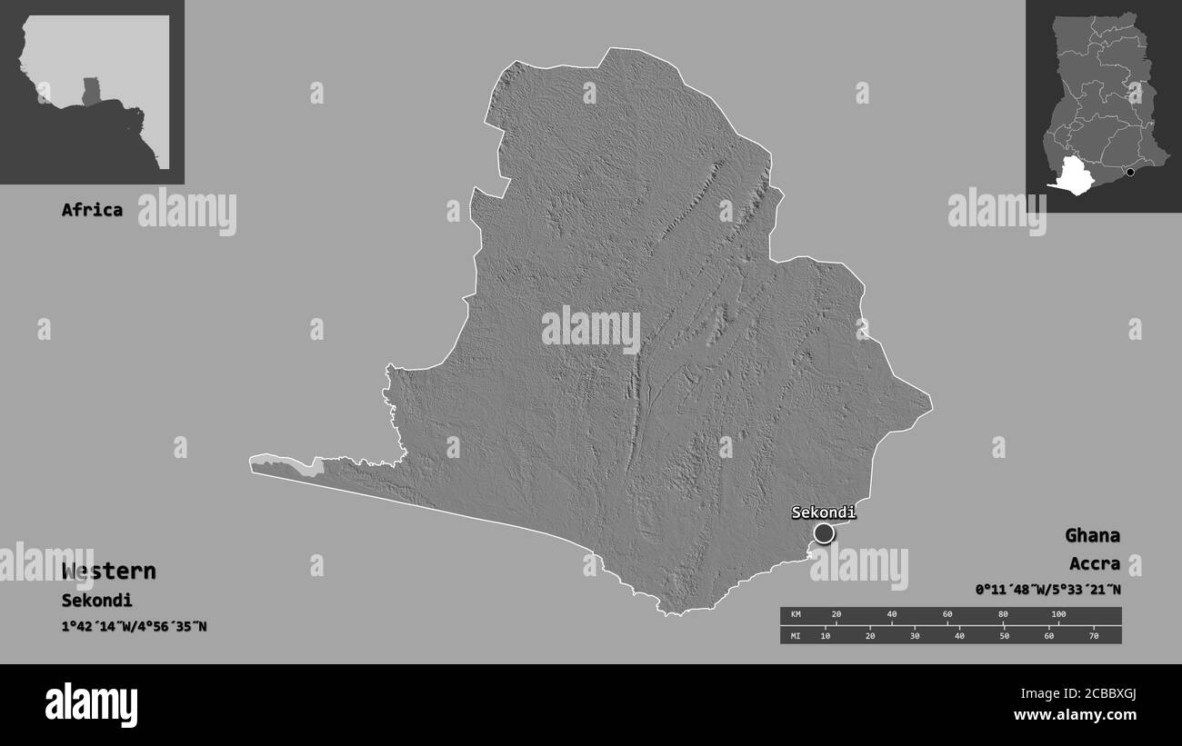 Shape of Western, region of Ghana, and its capital. Distance scale ...