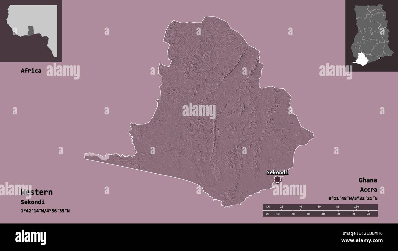 Shape of Western, region of Ghana, and its capital. Distance scale ...