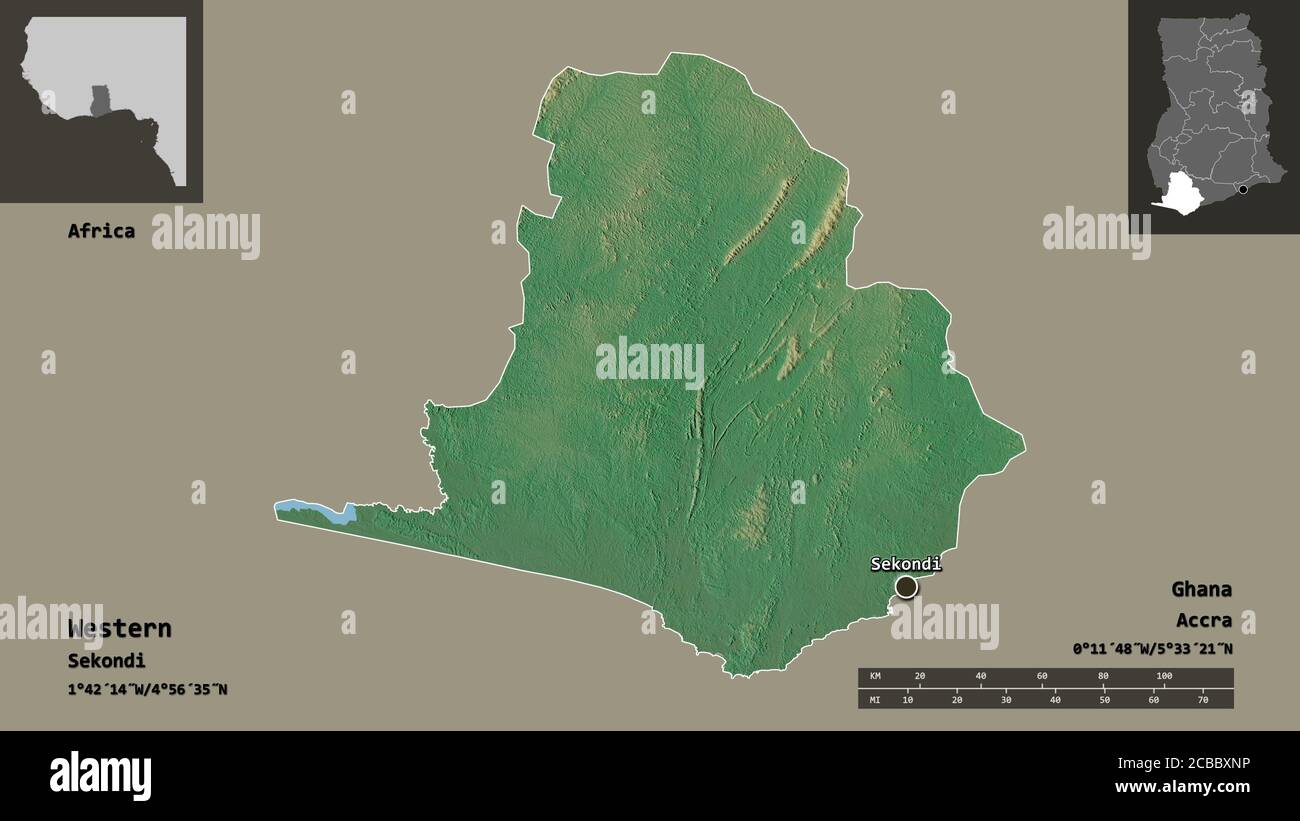 Shape of Western, region of Ghana, and its capital. Distance scale ...