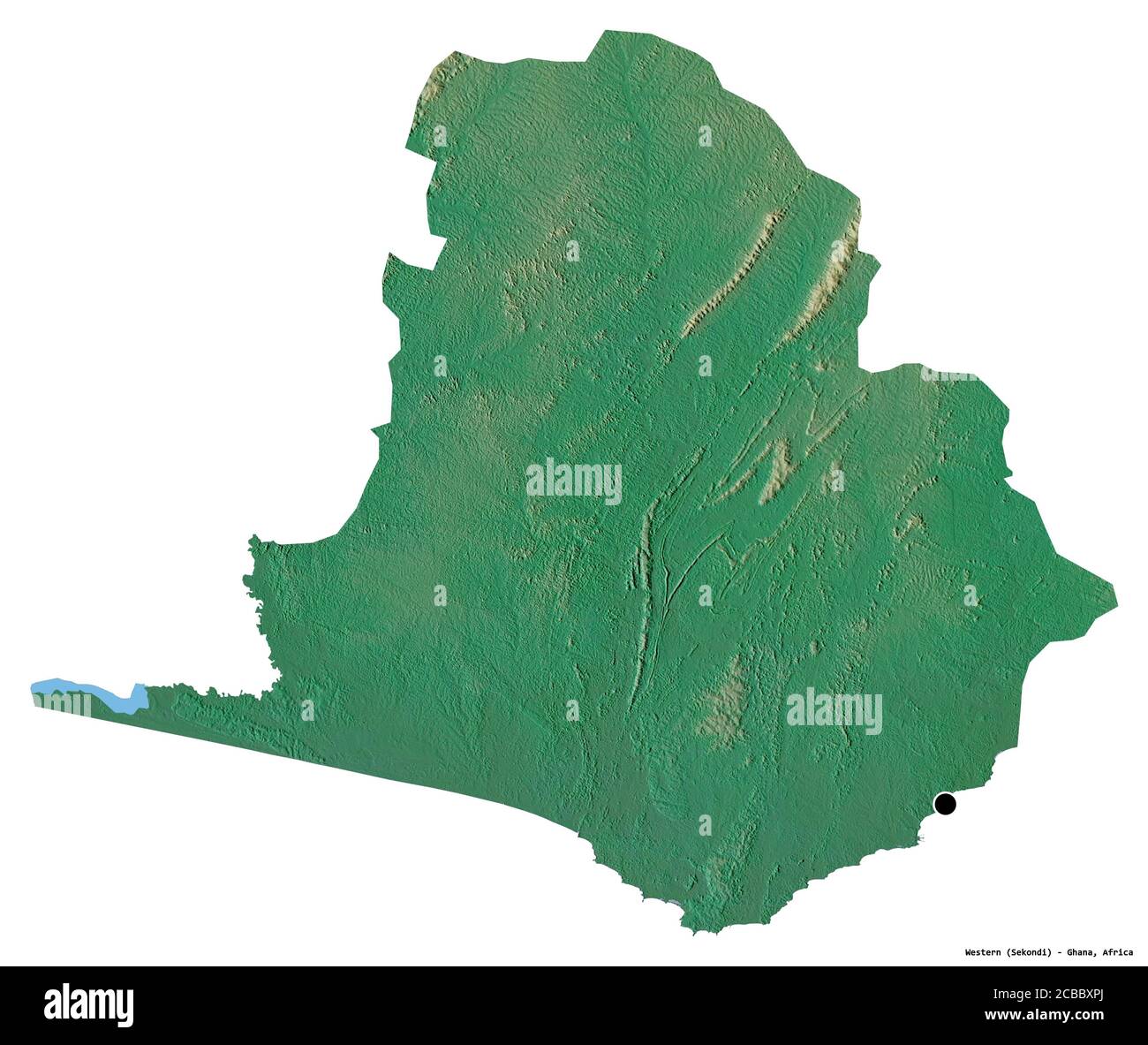 Shape of Western, region of Ghana, with its capital isolated on white ...