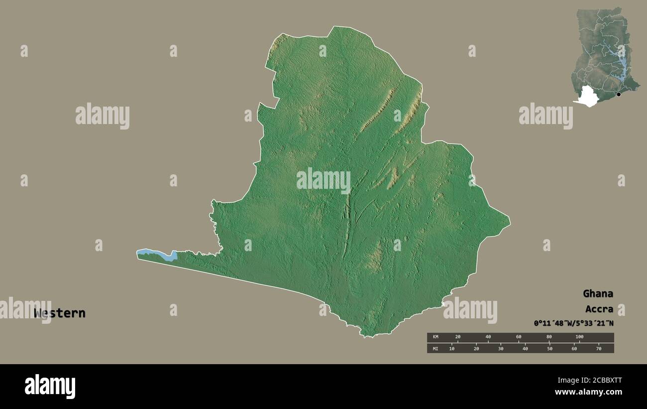 Shape of Western, region of Ghana, with its capital isolated on solid ...