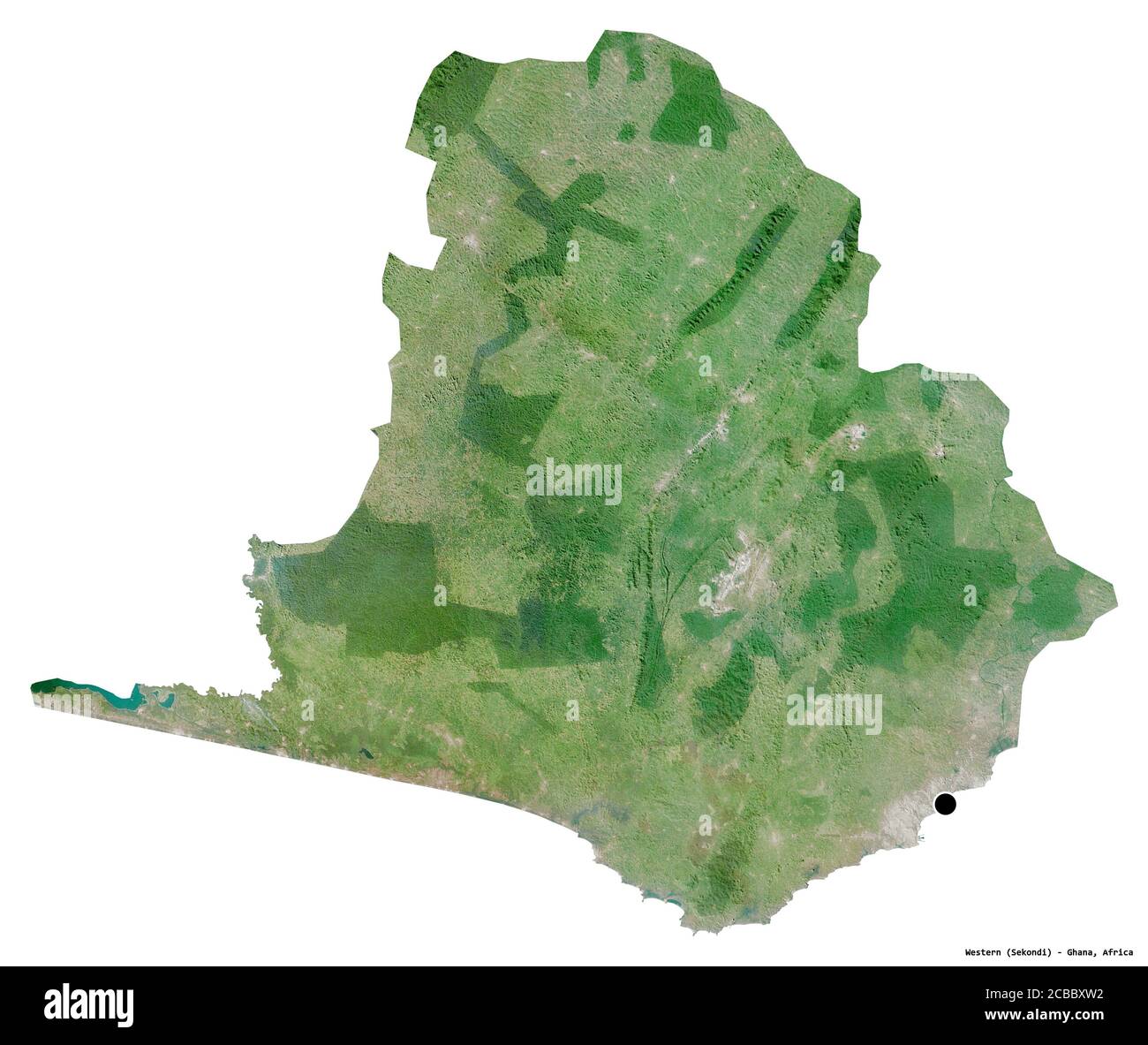 Shape of Western, region of Ghana, with its capital isolated on white ...