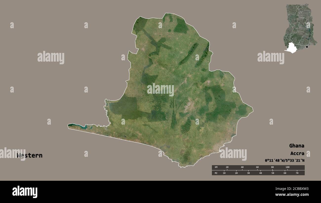 Shape of Western, region of Ghana, with its capital isolated on solid ...