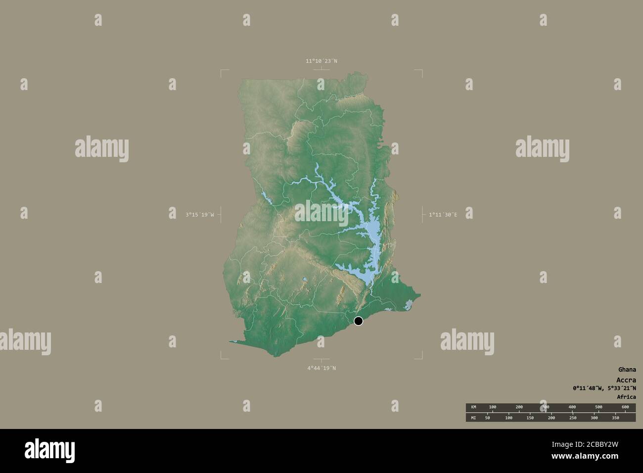 Area of Ghana isolated on a solid background in a georeferenced ...