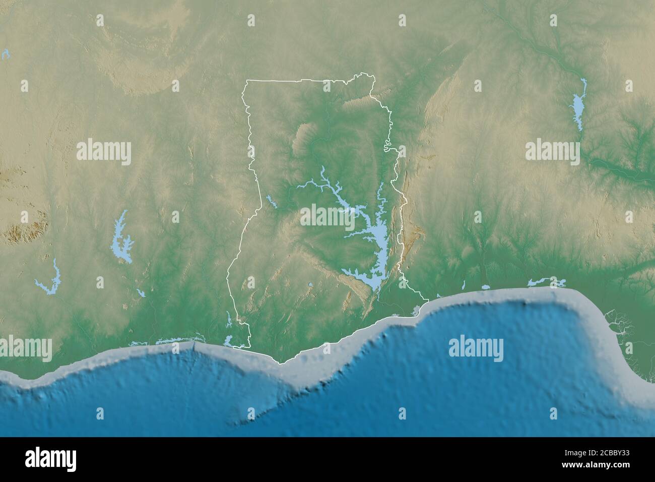 Extended area of outlined Ghana. Topographic relief map. 3D rendering ...