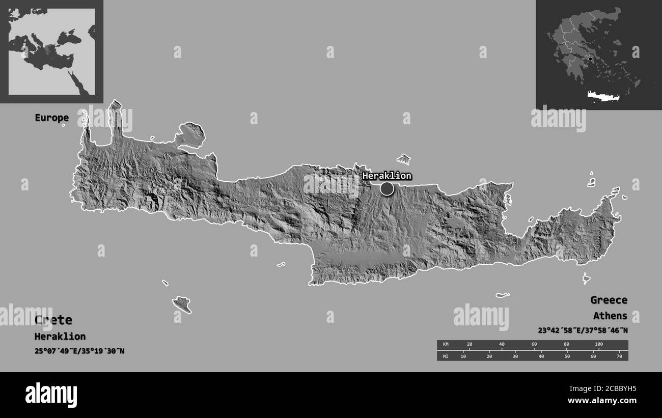 Shape of Crete, decentralized administration of Greece, and its capital ...