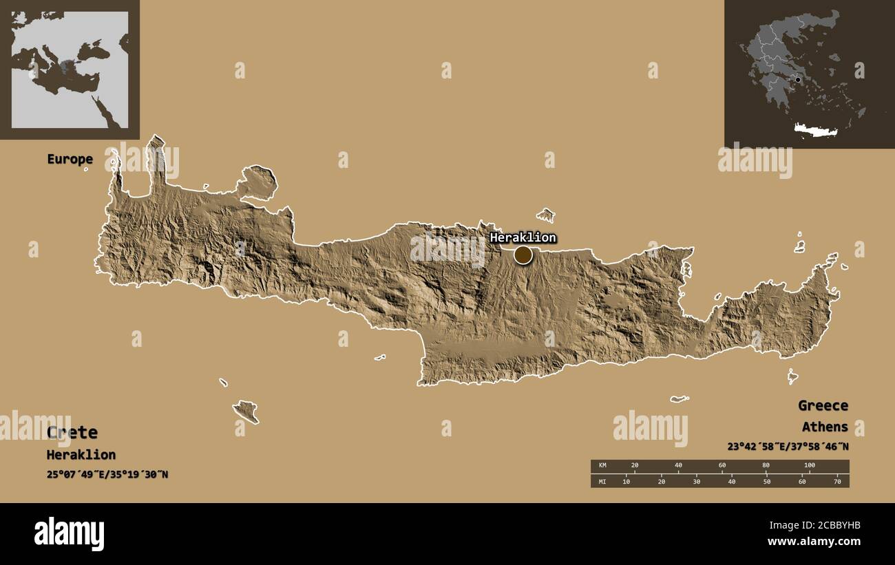 Shape of Crete, decentralized administration of Greece, and its capital ...