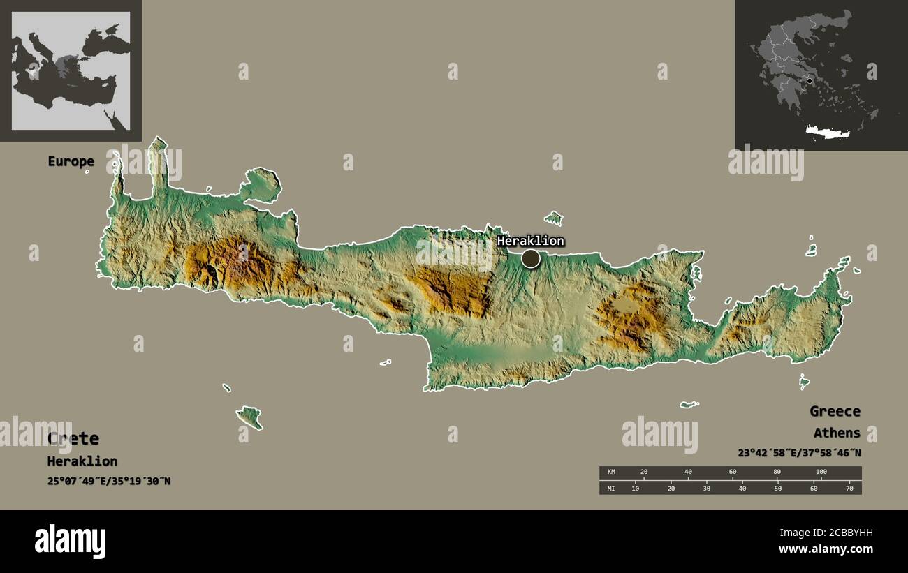 Shape of Crete, decentralized administration of Greece, and its capital ...