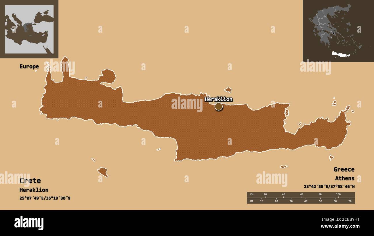 Shape of Crete, decentralized administration of Greece, and its capital ...