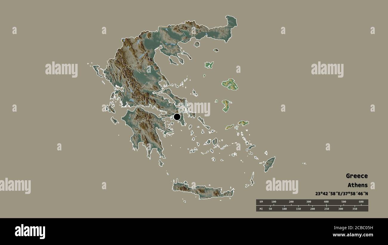 Desaturated shape of Greece with its capital, main regional division ...