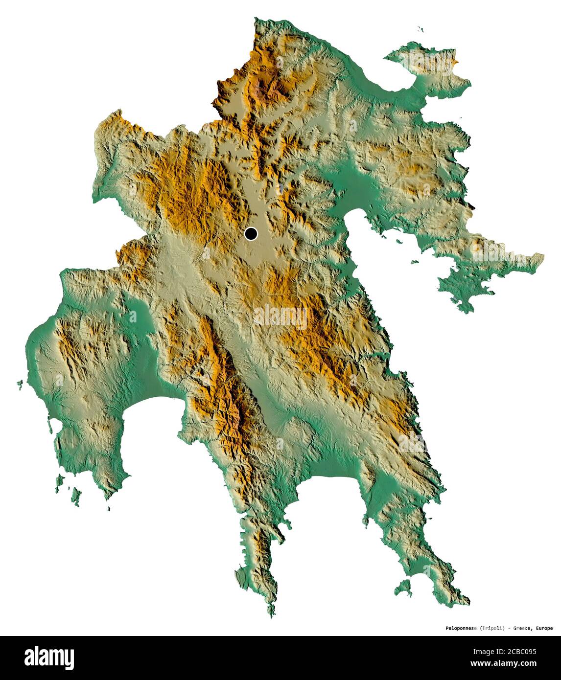 Shape of Peloponnese, decentralized administration of Greece, with its capital isolated on white ...