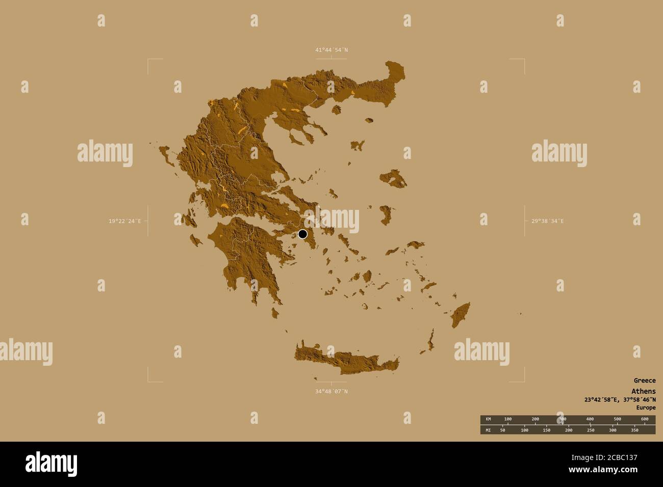 Area of Greece isolated on a solid background in a georeferenced ...