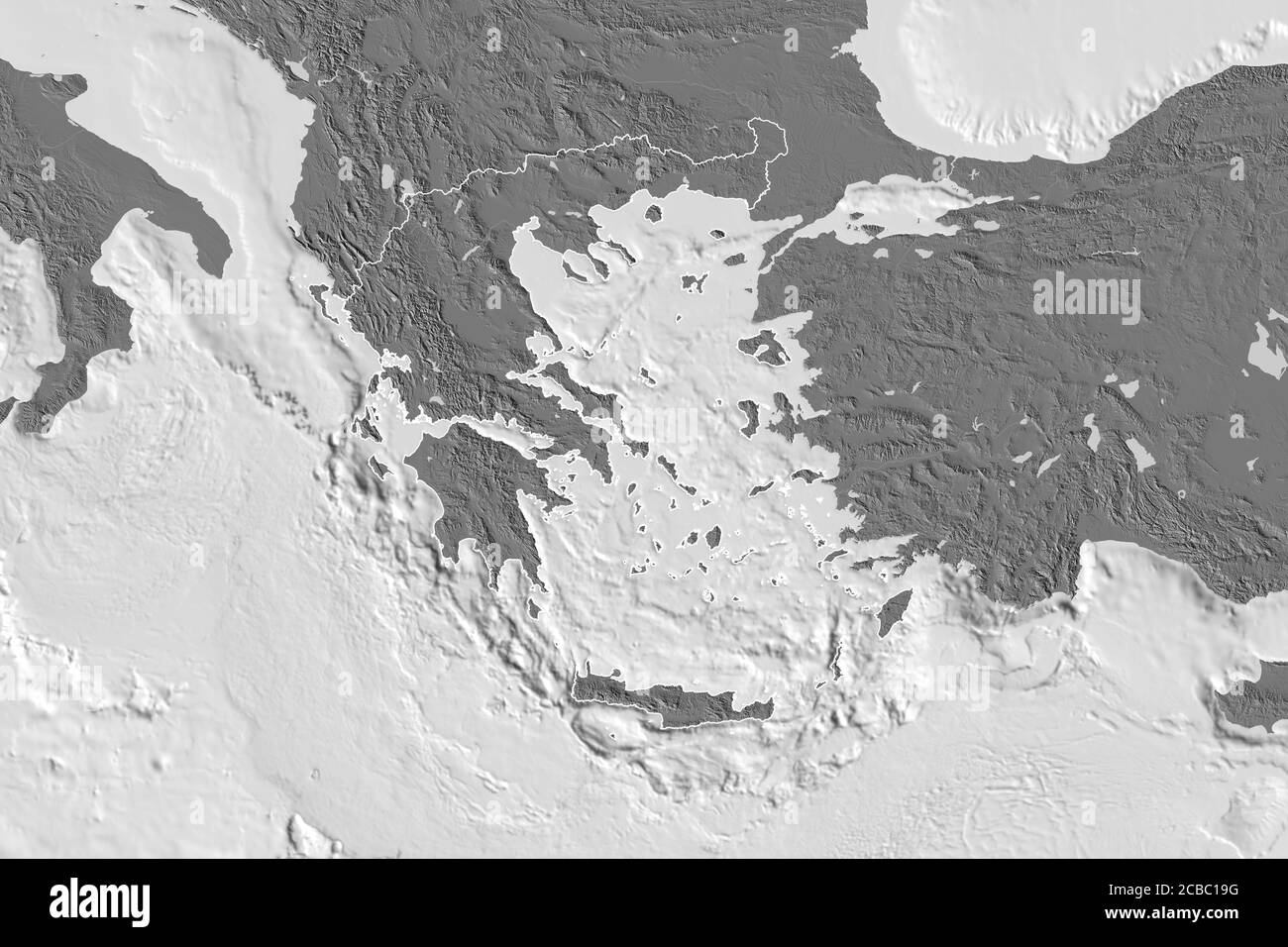 Extended area of outlined Greece. Bilevel elevation map. 3D rendering ...