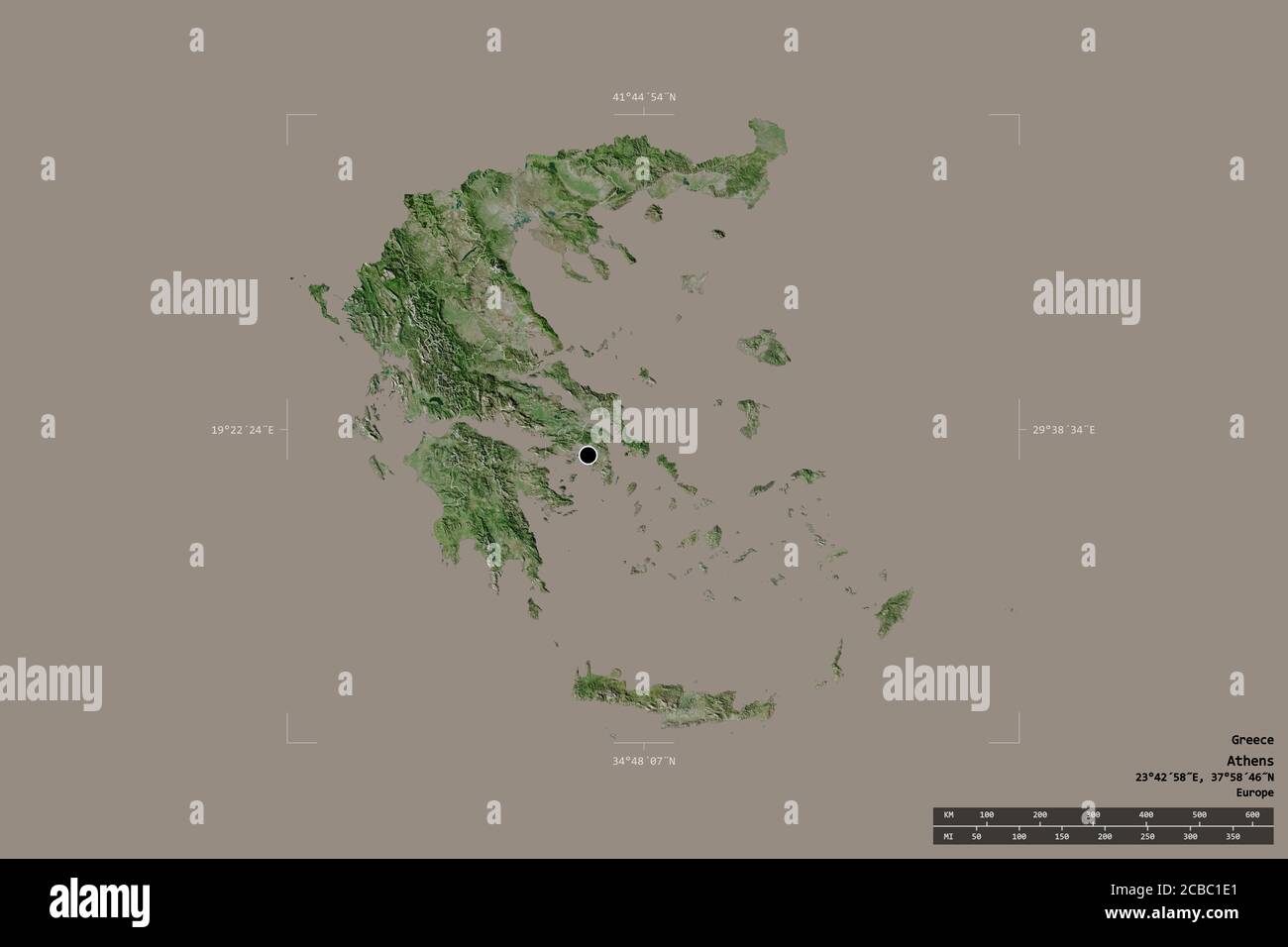 Area of Greece isolated on a solid background in a georeferenced ...