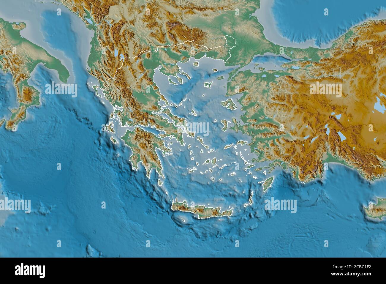 Extended area of outlined Greece. Topographic relief map. 3D rendering ...