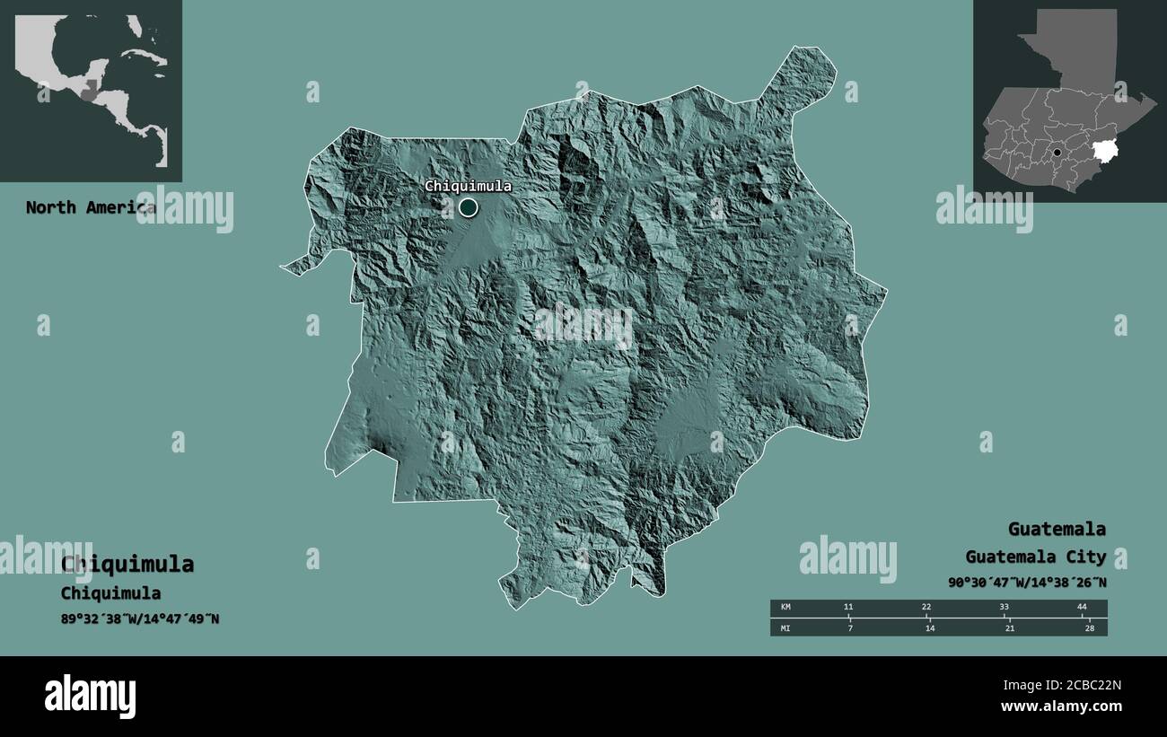 Shape of Chiquimula, department of Guatemala, and its capital. Distance ...