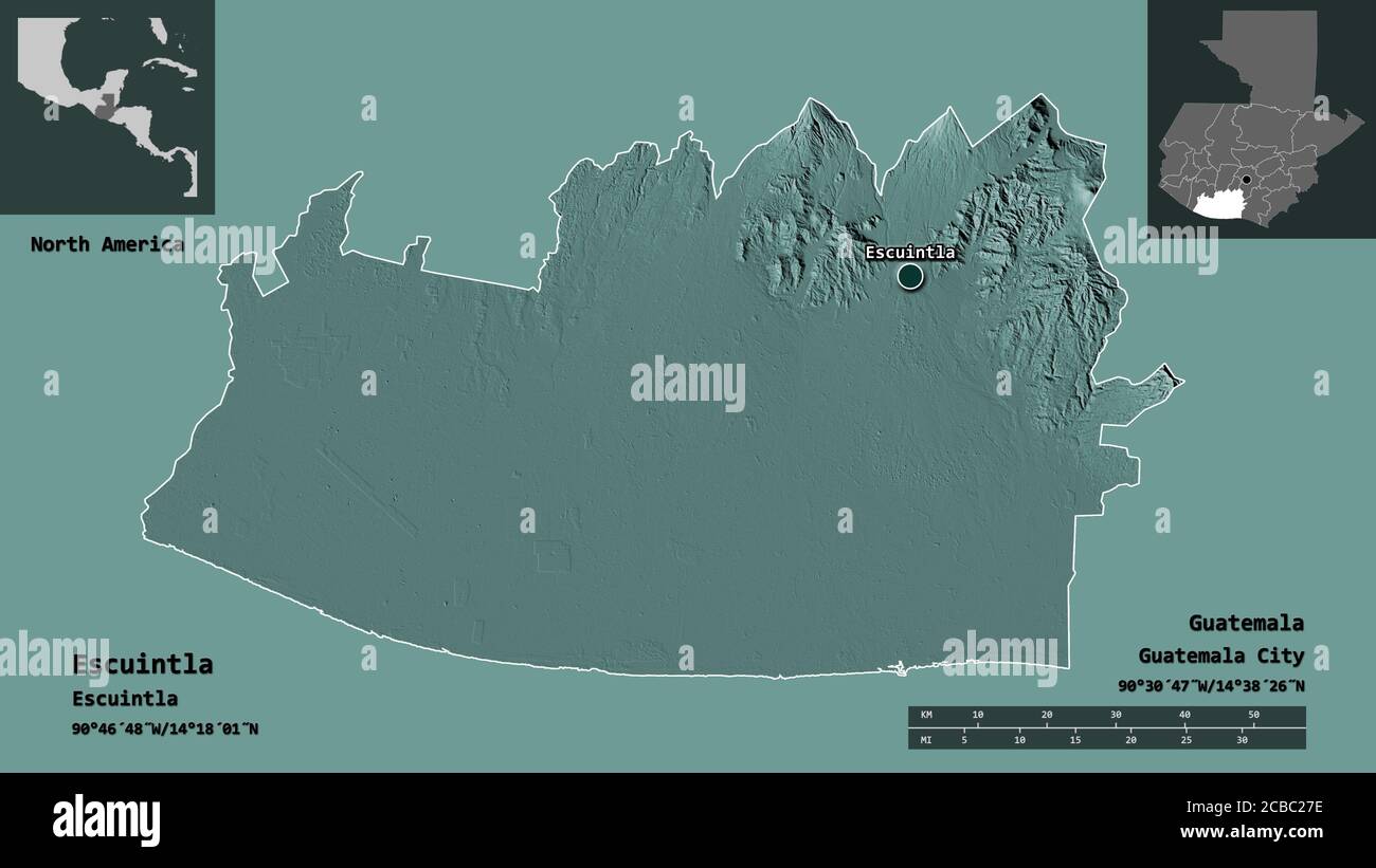 Shape of Escuintla, department of Guatemala, and its capital. Distance ...