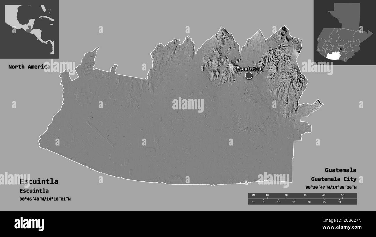 Shape of Escuintla, department of Guatemala, and its capital. Distance ...