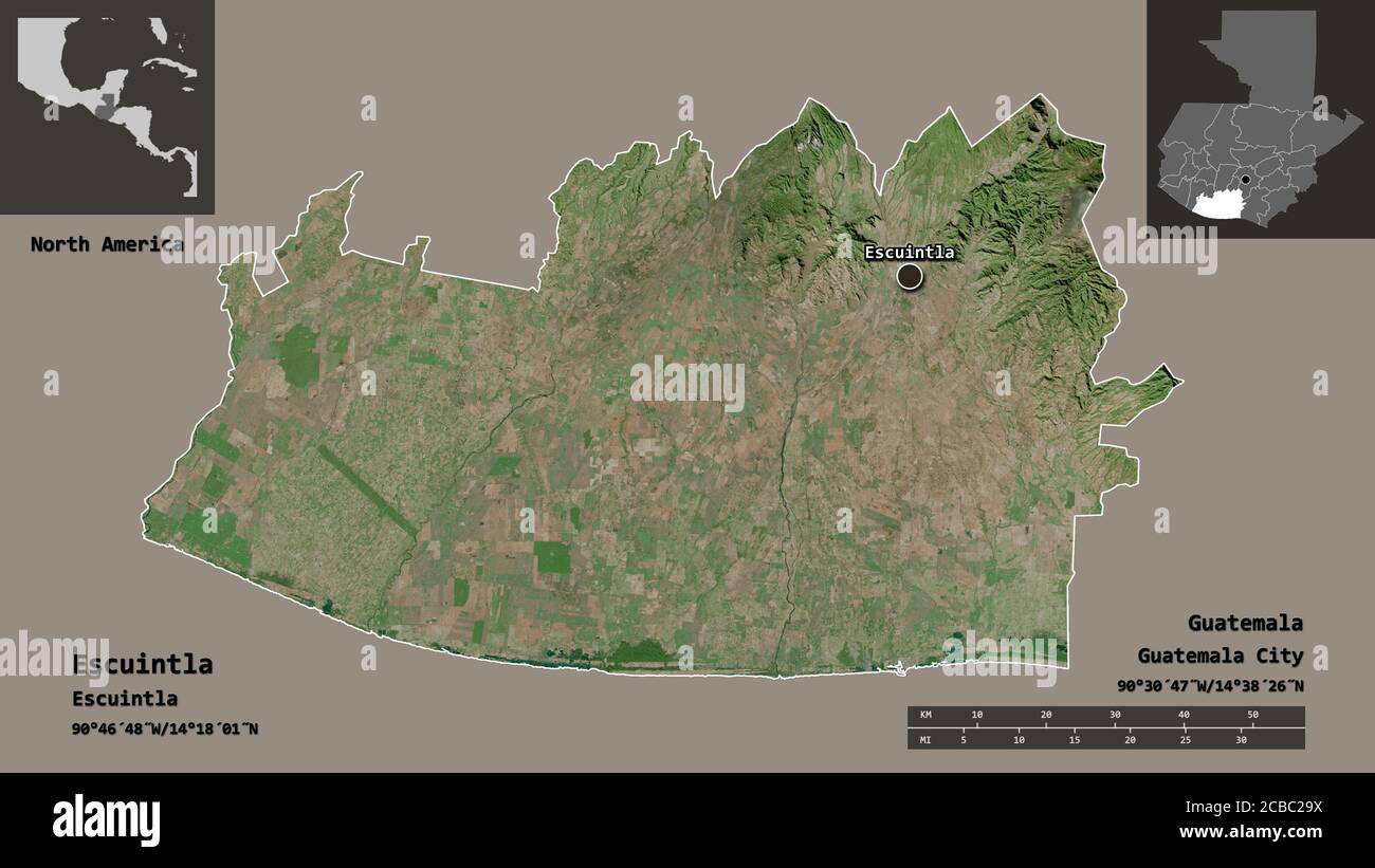 Shape of Escuintla, department of Guatemala, and its capital. Distance ...