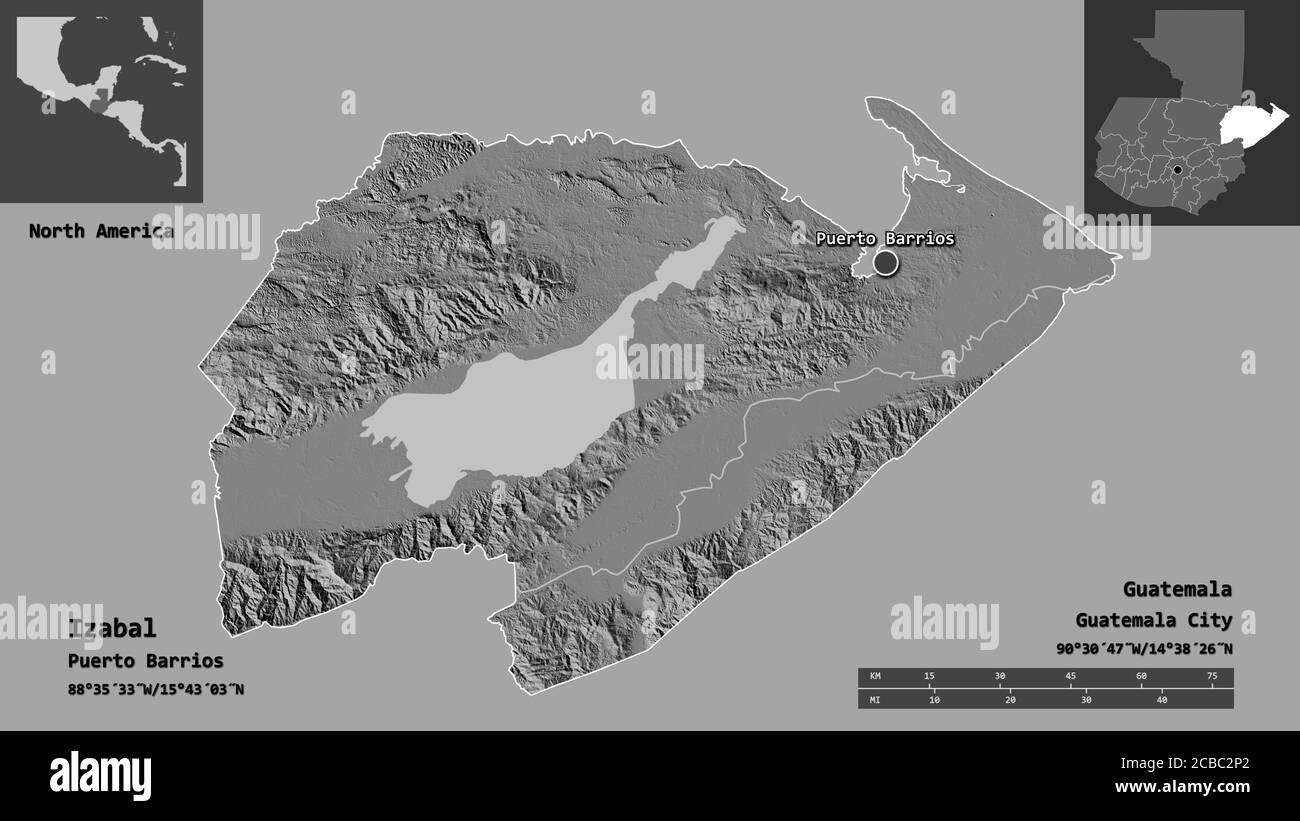 Shape of Izabal, department of Guatemala, and its capital. Distance ...
