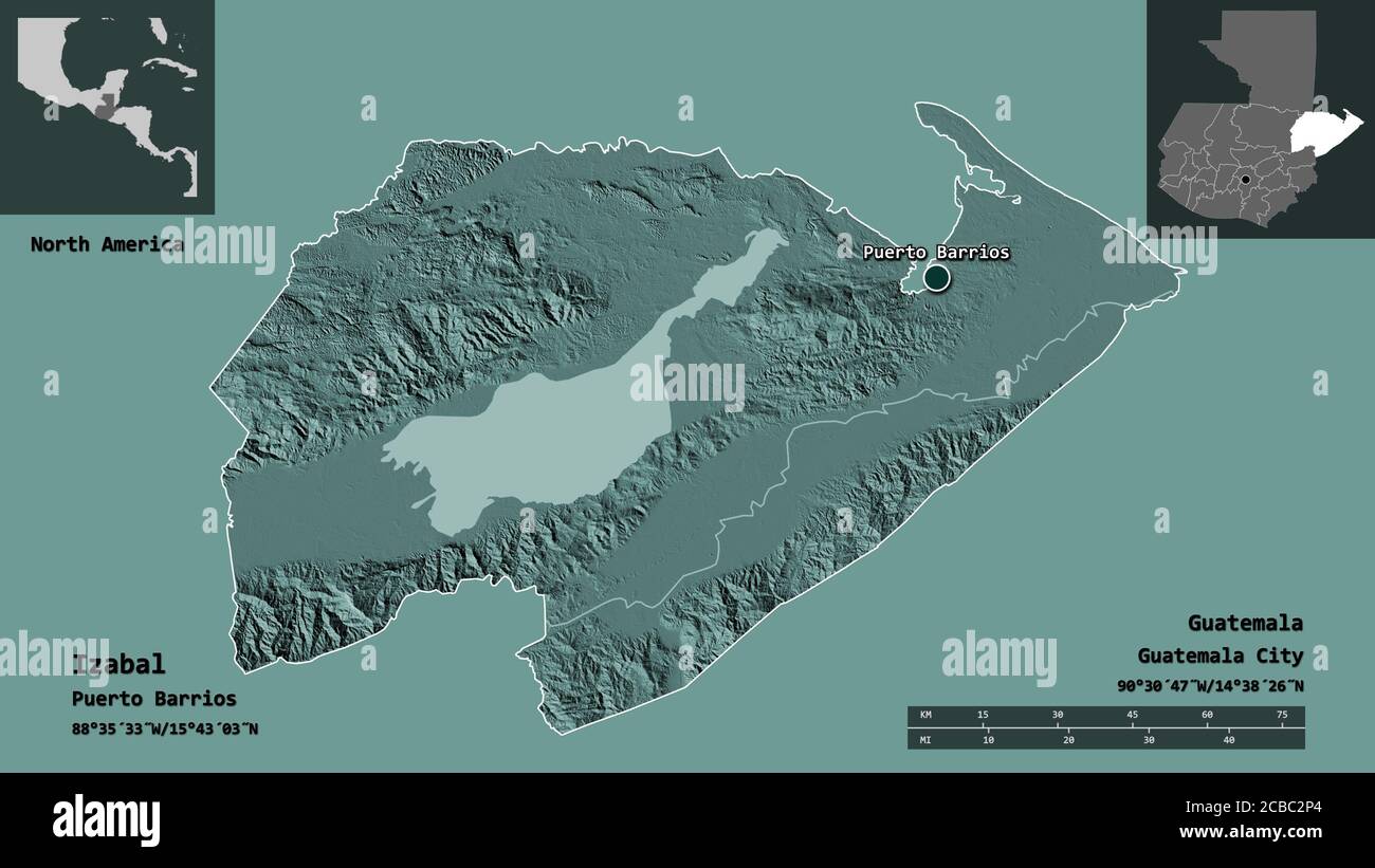 Shape of Izabal, department of Guatemala, and its capital. Distance ...
