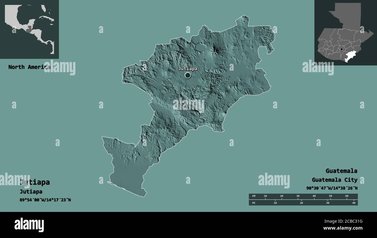 Shape of Jutiapa, department of Guatemala, and its capital. Distance ...