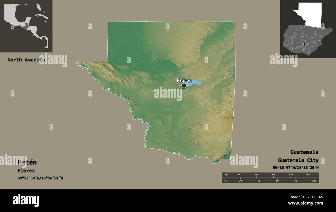 Shape of Petén, department of Guatemala, and its capital. Distance ...
